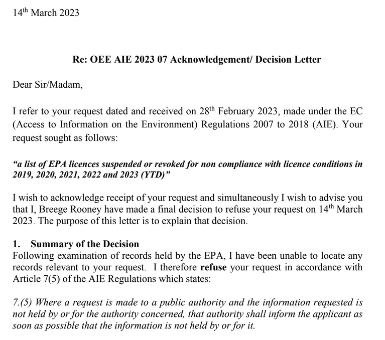 AIE Request: List of EPA licences suspended or revoked for non ...