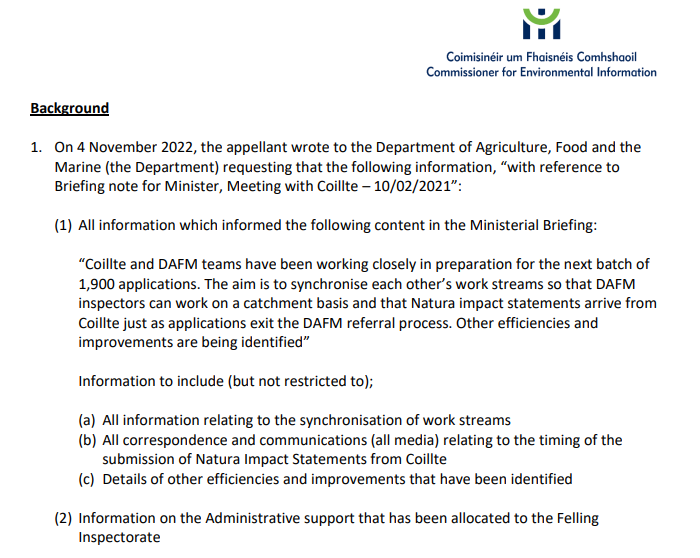 OCEI decision to overturn DAFM Forest Service refusal to release ...